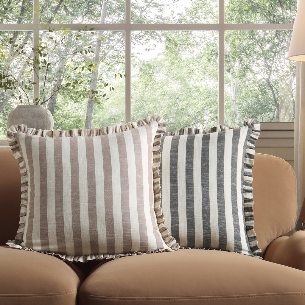 Edith Reversible Linen Blend Beige Striped Frill Cushion | daals