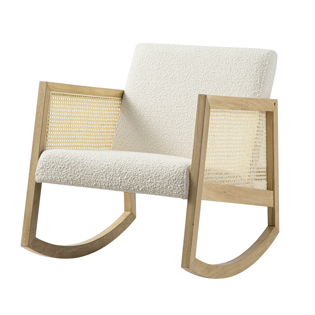 Fyne Ecru Boucle Rocking Natural Oak Armchair with Rattan Armrests | daals