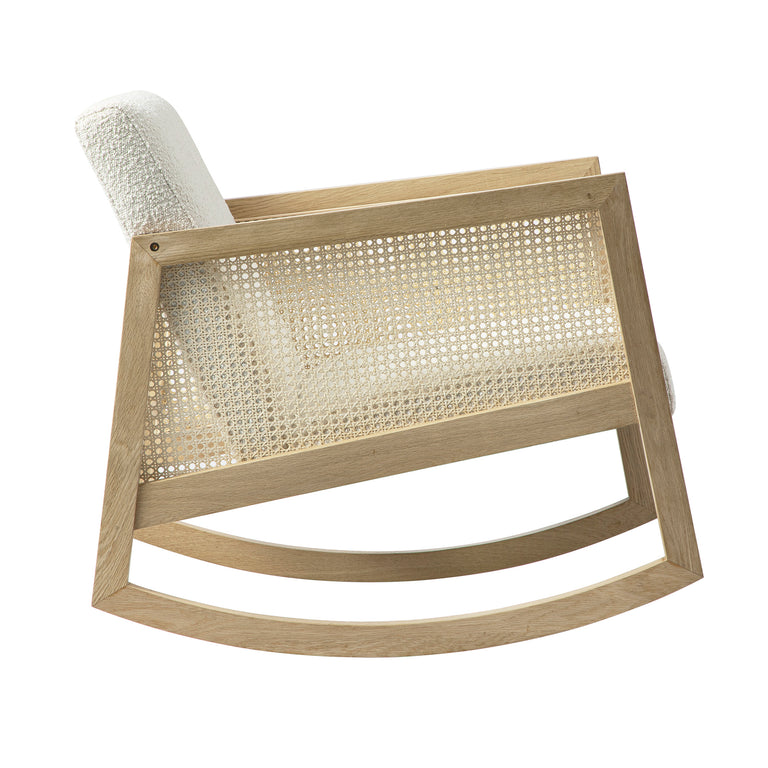 Fyne Ecru Boucle Rocking Natural Oak Armchair with Rattan Armrests | daals