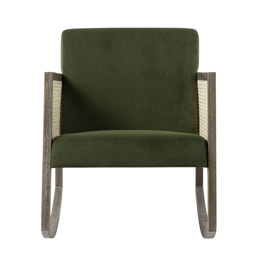 Fyne Moss Green Velvet Rocking Weathered Oak Armchair with Rattan Armr ...