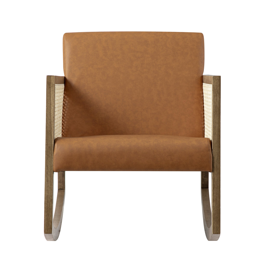 Fyne Tan Faux Leather Rocking Light Walnut Armchair with Rattan Armres ...