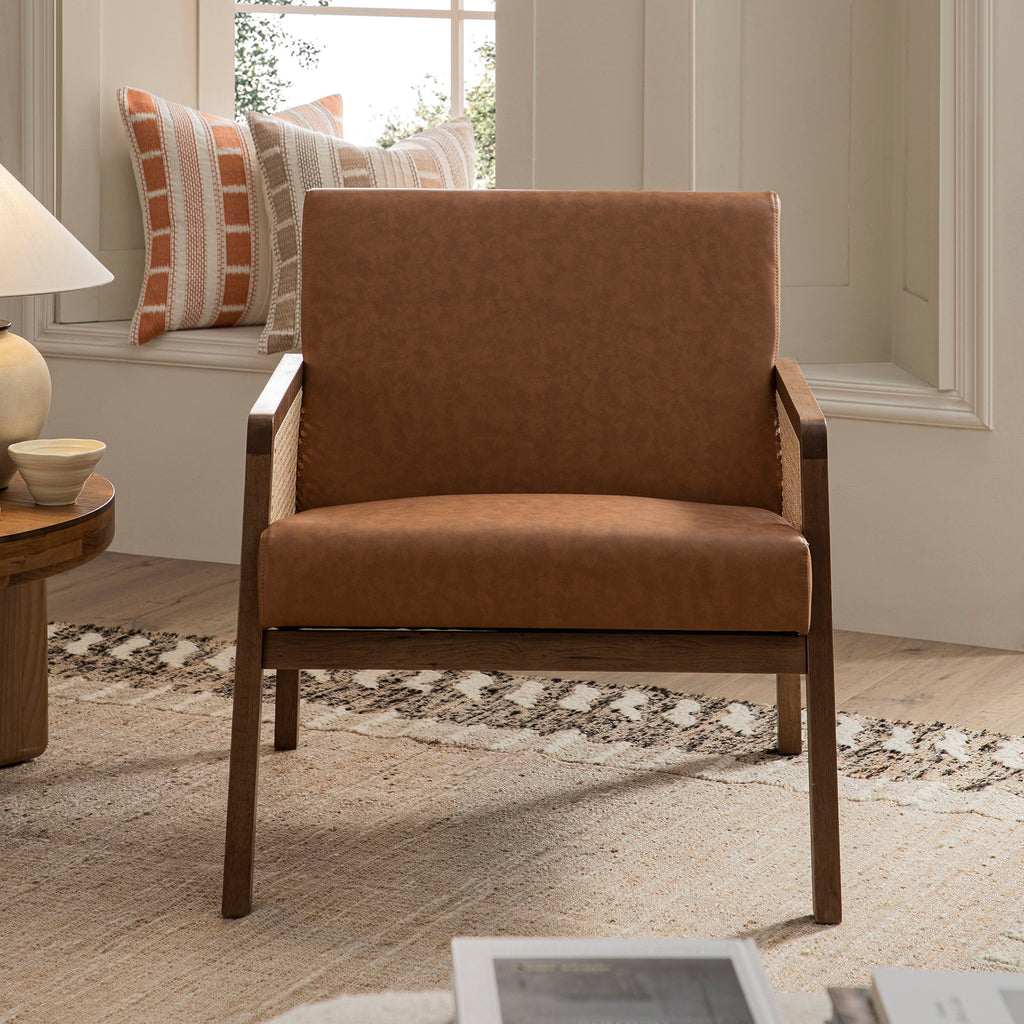 Fyne Tan Faux Leather Light Walnut Frame Rattan Armchair | daals