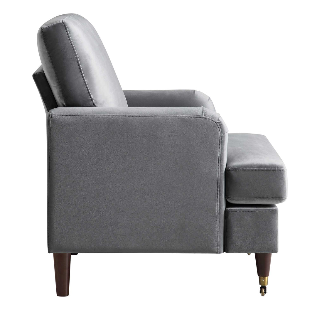 Brigette Grey Velvet Armchair with Antique Brass Castor Legs | daals