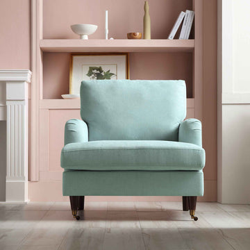 Brigette Mint Soft Brushed Fabric Armchair with Antique Brass Castor L ...