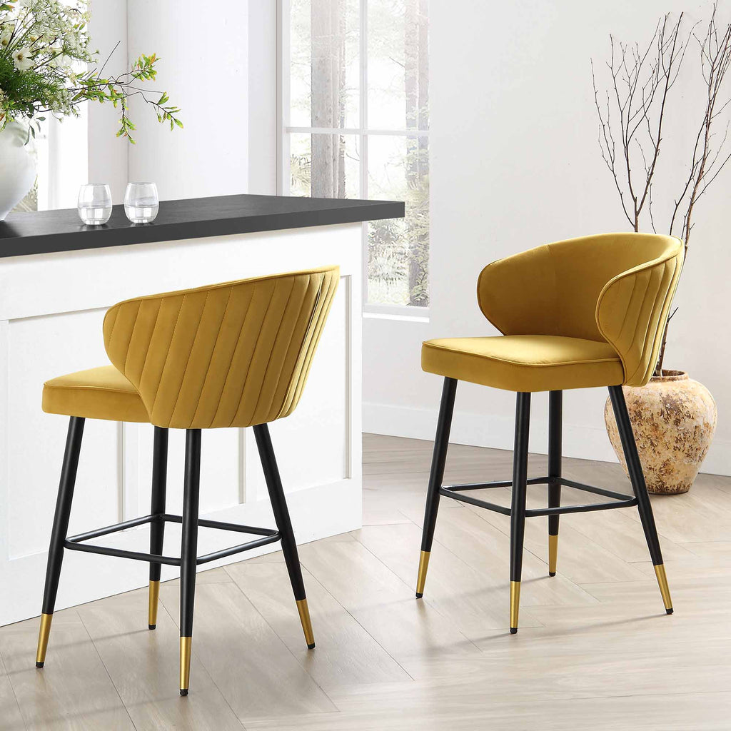 Langham Set of 2 Mustard Velvet Upholstered Carver Counter Stools | daals
