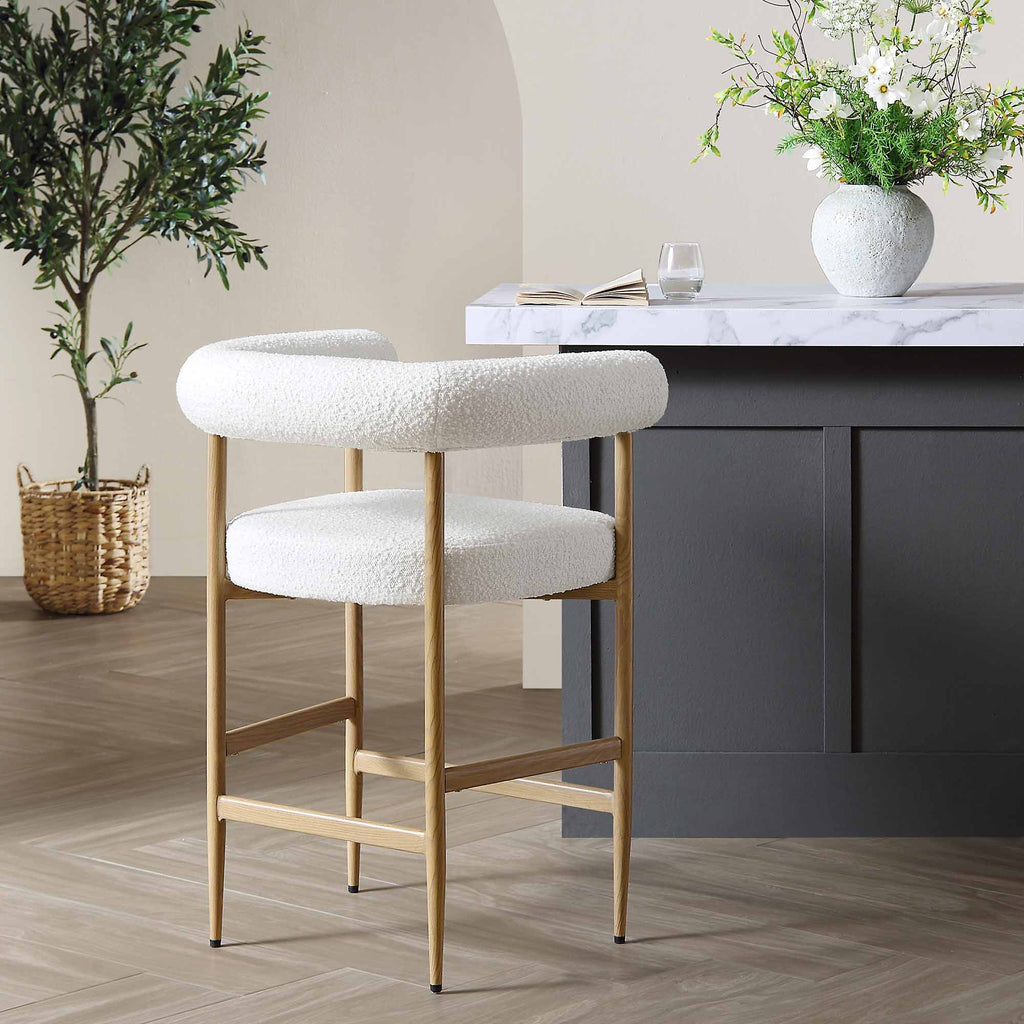 Fulbourn White Boucle Counter Stool with Natural Wood Effect Legs | daals