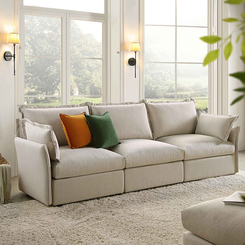 Byron Pillow Edge Beige Fabric Modular Sofa, 3-Seater | daals