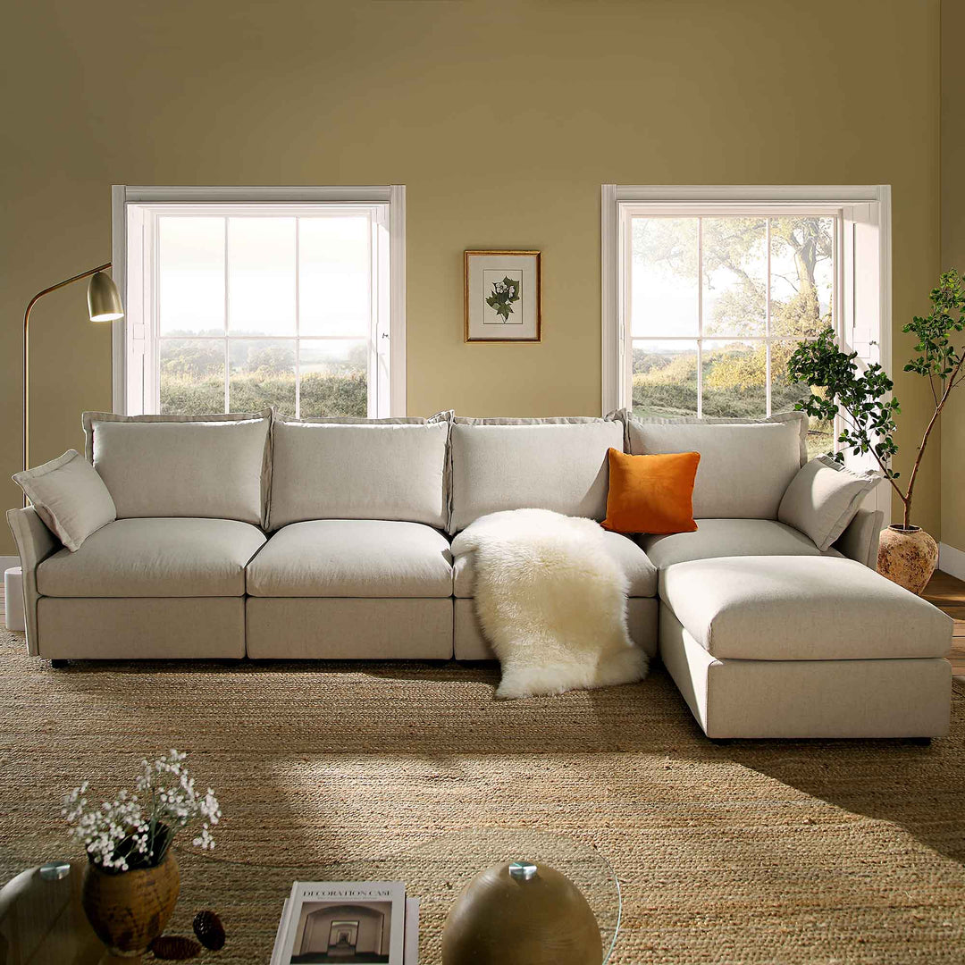 Byron Pillow Edge Beige Fabric Modular Sofa, 4-Seater Chaise | daals