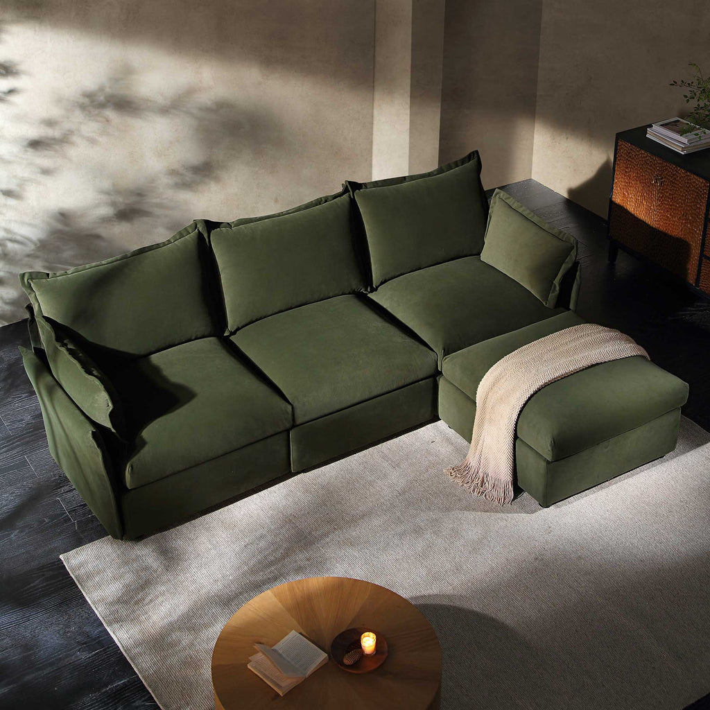 Byron Pillow Edge Moss Green Velvet Modular Sofa, 3-Seater Chaise | daals