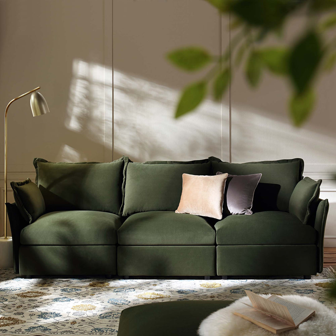 Byron Pillow Edge Moss Green Velvet Modular Sofa, 3-Seater | daals