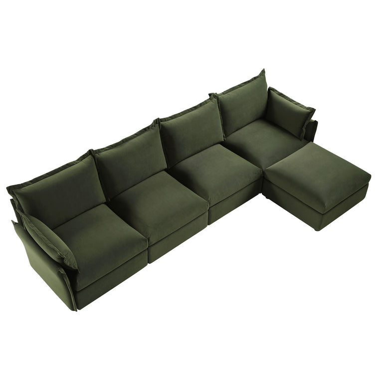 Byron Pillow Edge Moss Green Velvet Modular Sofa, 4-Seater Chaise | daals