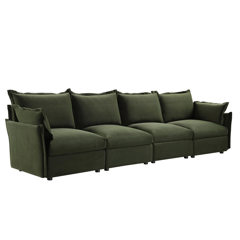 Byron Pillow Edge Moss Green Velvet Modular Sofa, 4-Seater | daals