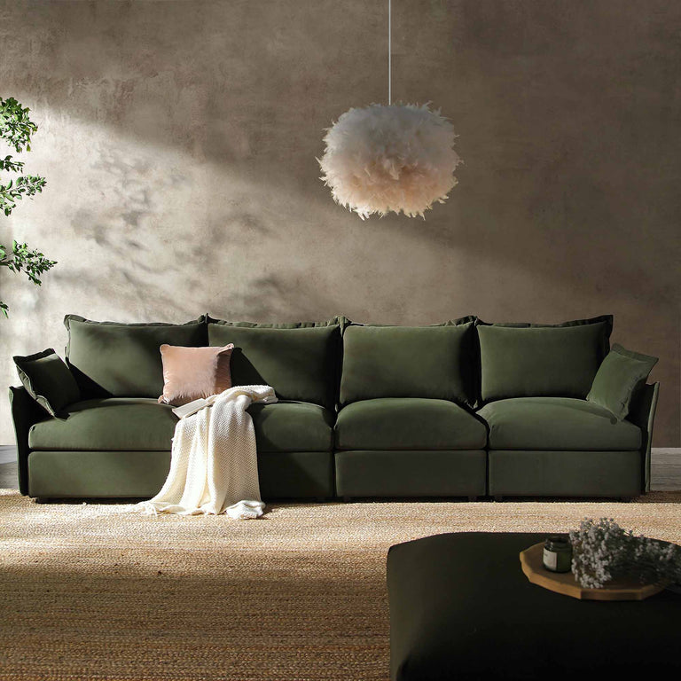 Byron Pillow Edge Moss Green Velvet Modular Sofa, 4-Seater | daals