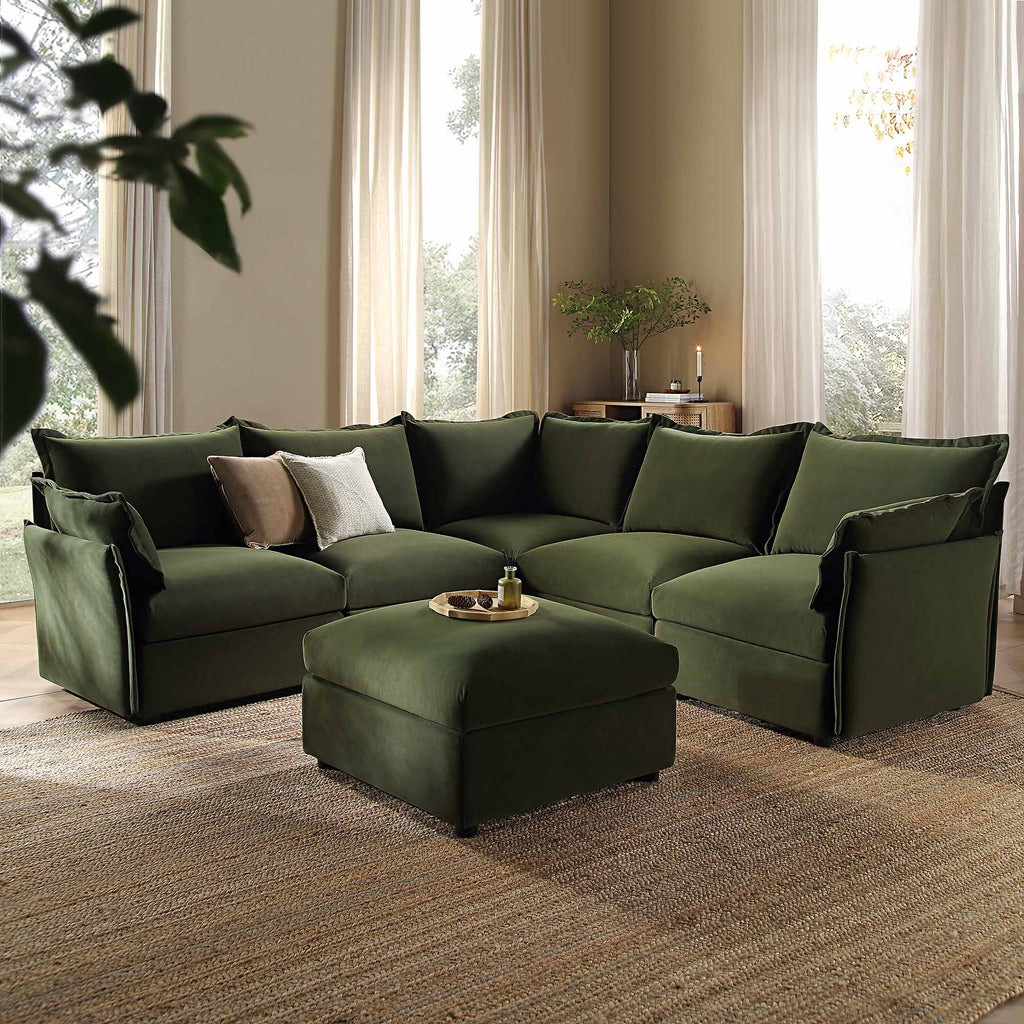 Byron Pillow Edge Moss Green Velvet Modular Sofa, 5-Seater Corner & St ...