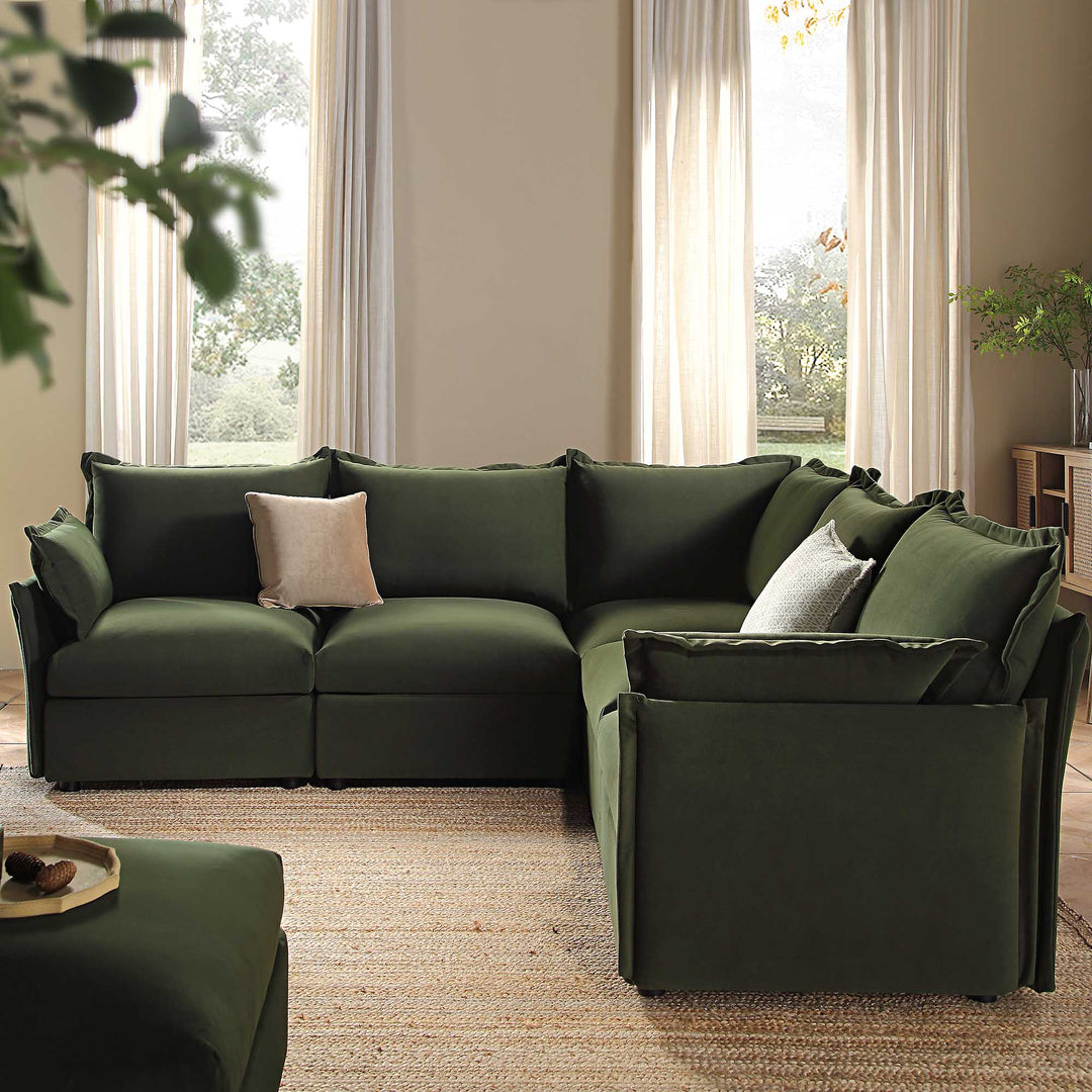 Byron Pillow Edge Moss Green Velvet Modular Sofa, 5-Seater Corner & St ...