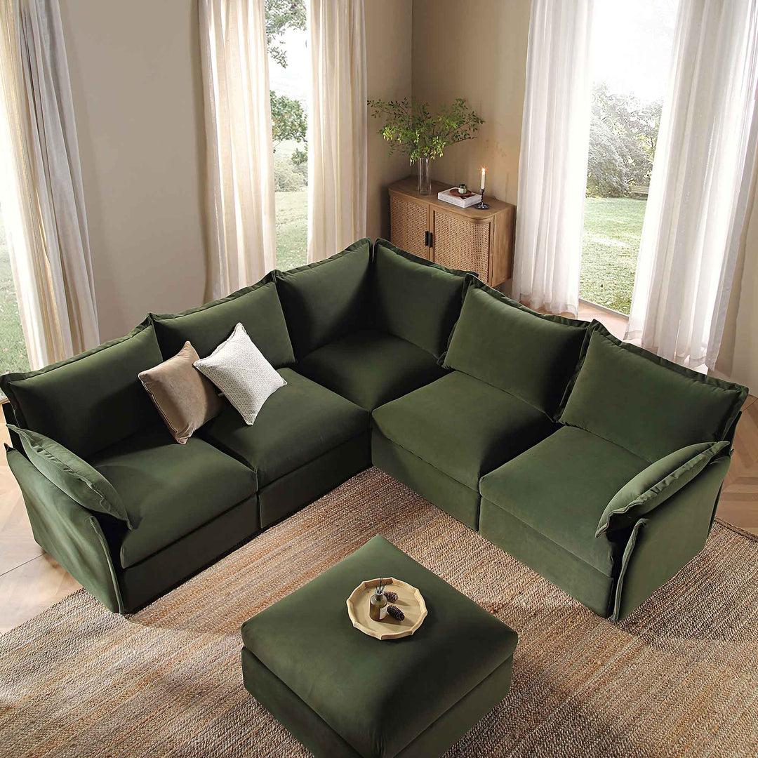 Byron Pillow Edge Moss Green Velvet Modular Sofa, 5-Seater Corner & St ...