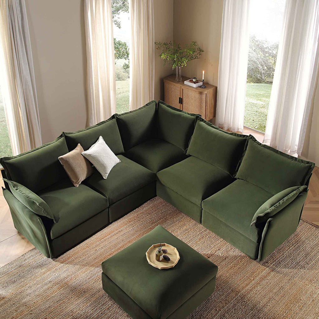 Byron Pillow Edge Moss Green Velvet Modular Sofa, 5-Seater Corner & St ...