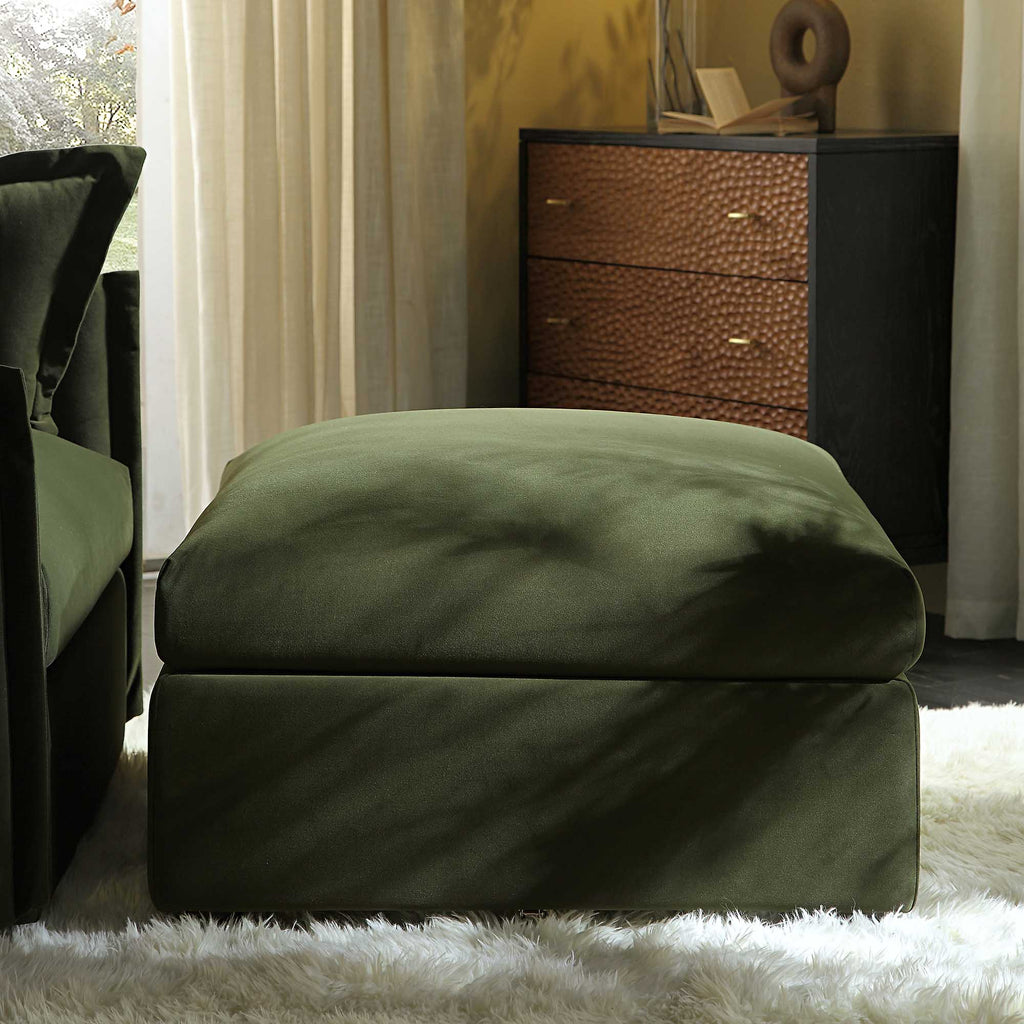 Byron Moss Green Velvet Fabric Pouffe | daals
