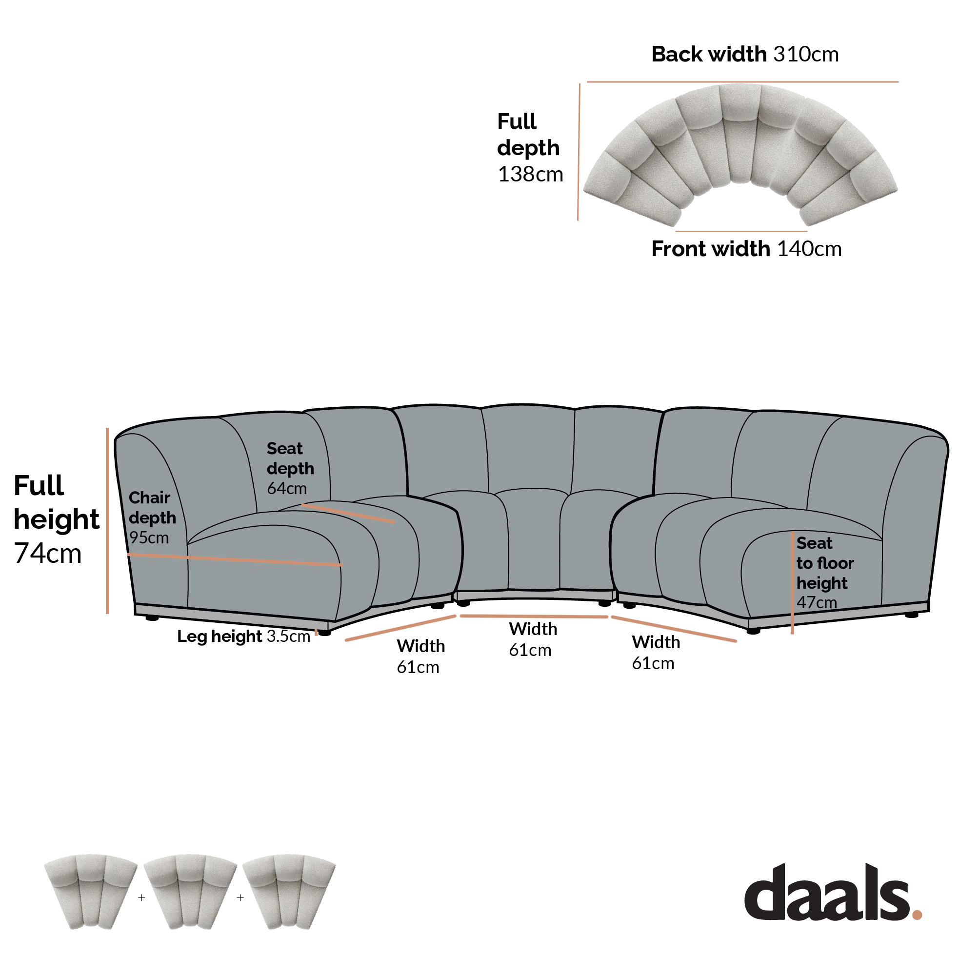 Granvia Moss Green Velvet Modular Sofa, 3-Seater Curved Sofa | daals