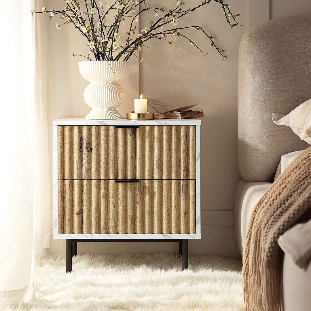 Aspen Oak and Marble Effect 2-Drawer Bedside Table | daals
