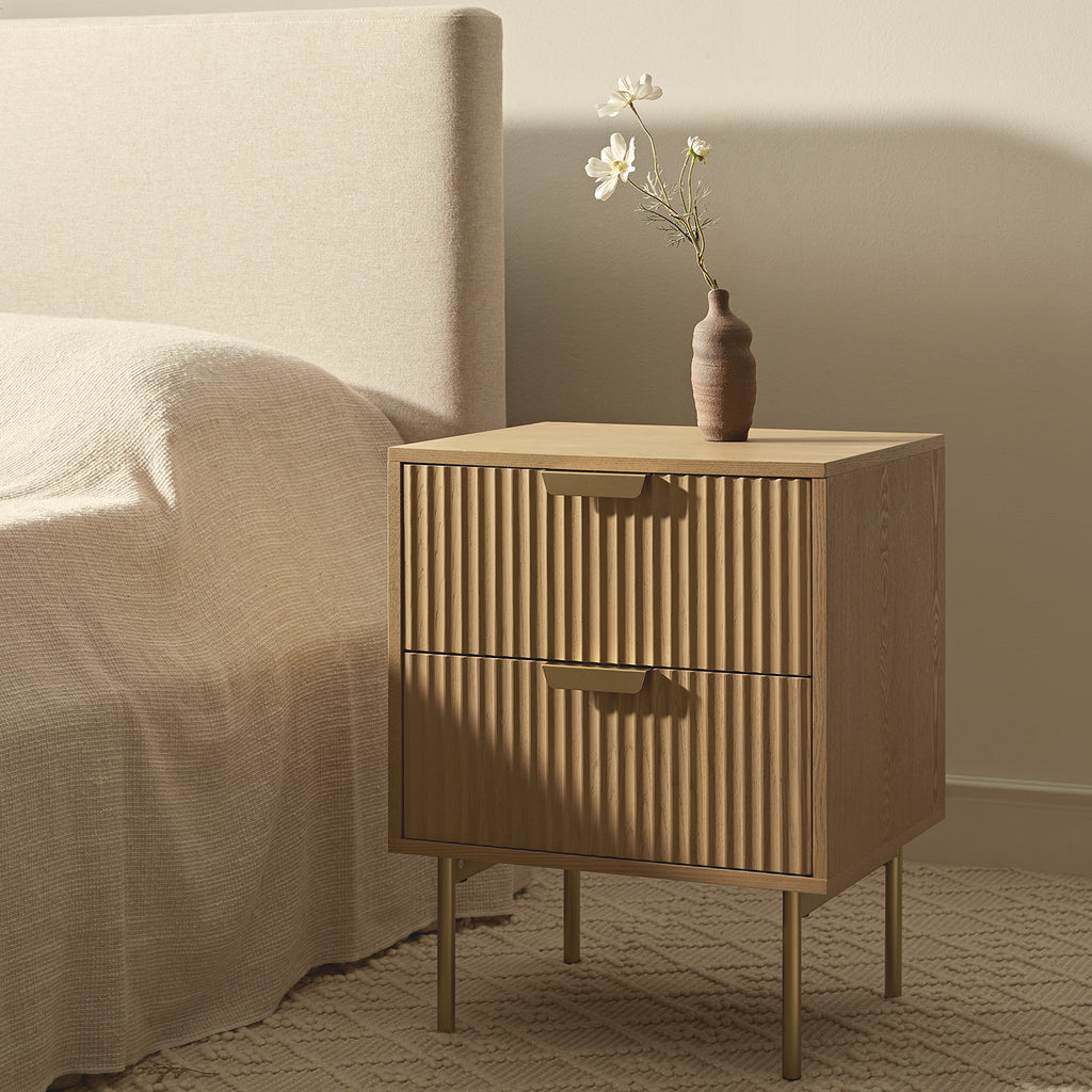 Richmond Ridged 2 Drawer Bedside Table, Light Ash | daals