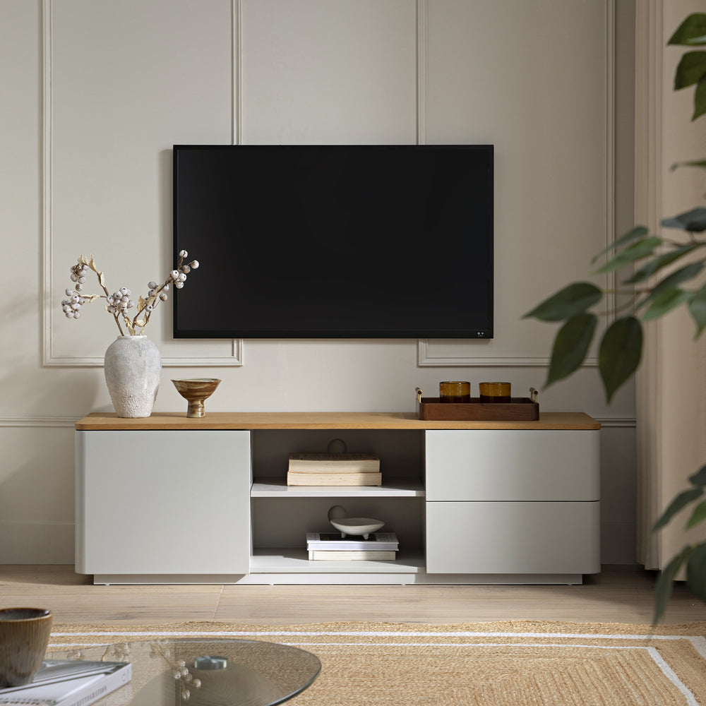 Agnes Curved Edge 150cm Wide TV Unit, Dove Grey with Oak Top | daals