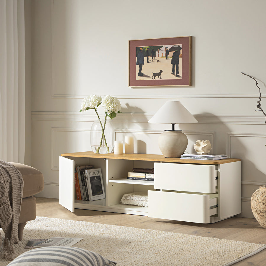 Agnes Curved Edge 150cm Wide TV Unit, Off White with Oak Top | daals