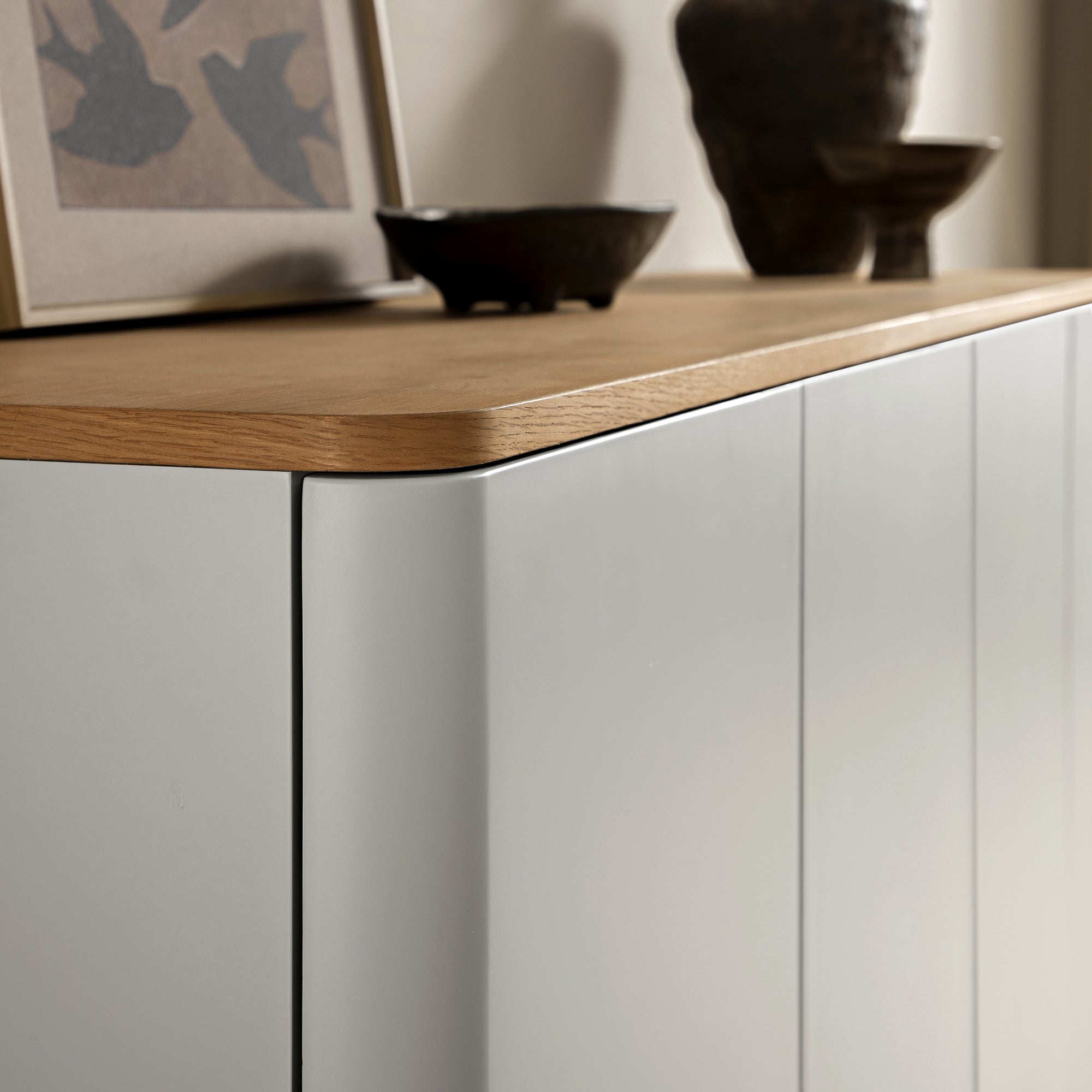 Agnes Curved Edge 150cm Wide Sideboard, Dove Grey with Oak Top | daals