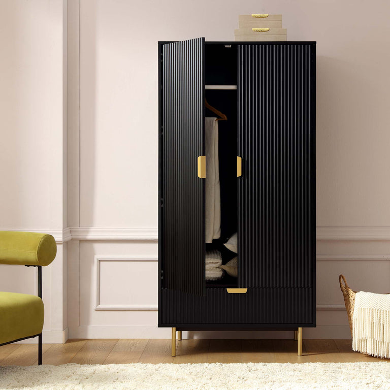 Richmond Ridged Double Wardrobe with Drawer, Matte Black | daals
