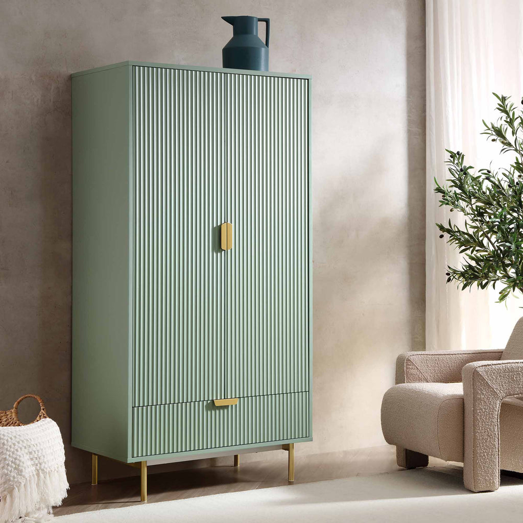 Richmond Ridged Double Wardrobe with Drawer, Matte Sage Green | daals
