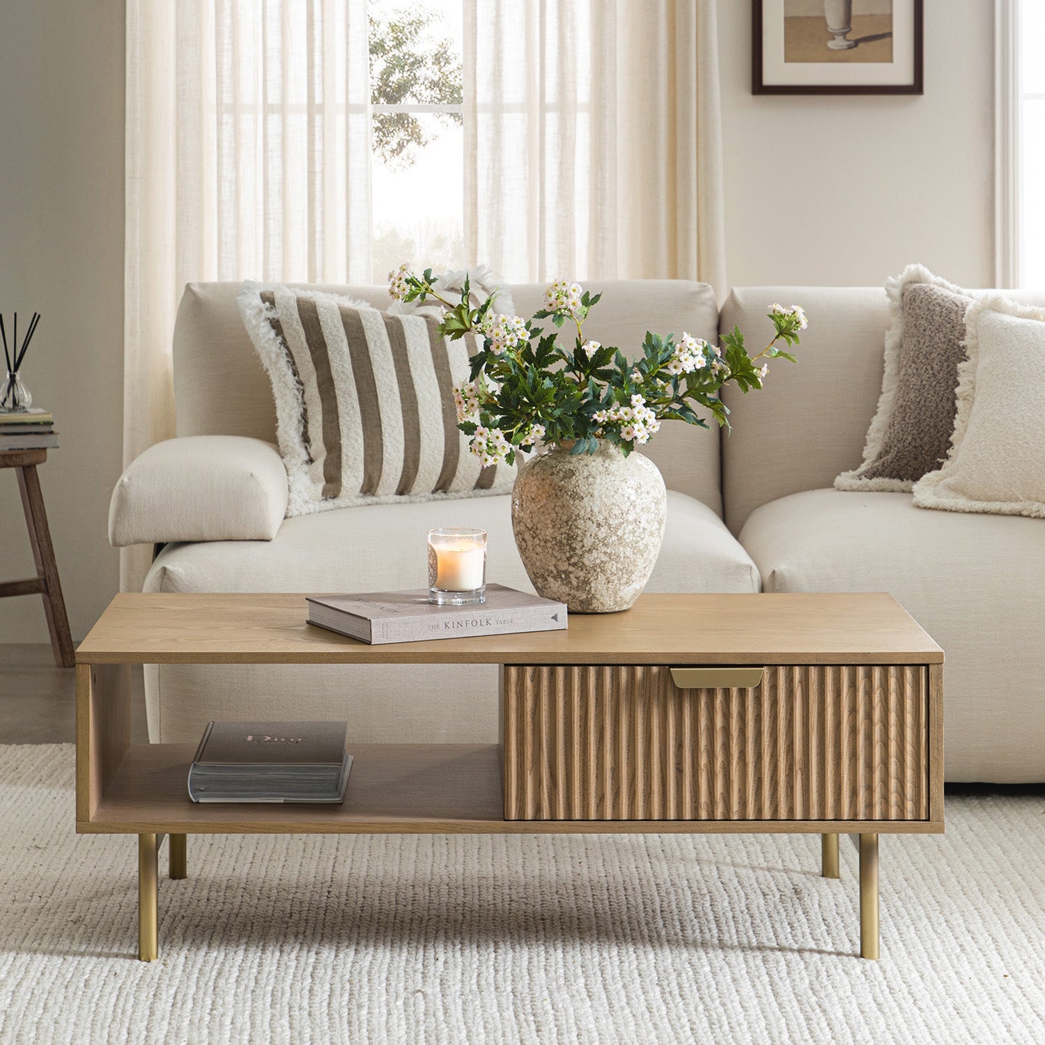 Richmond Ridged Coffee Table with Drawer, Light Ash | daals