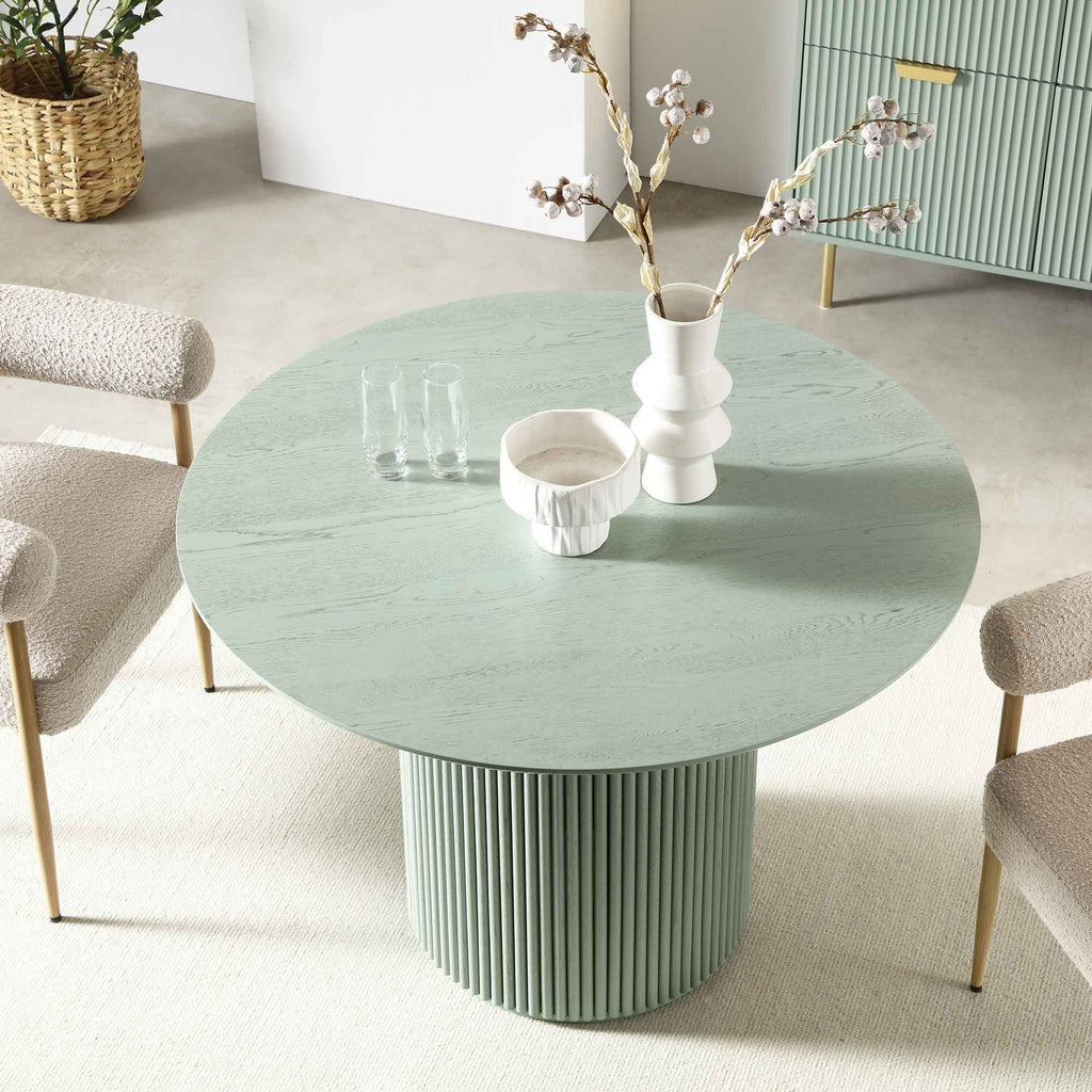 Maru Round Oak Pedestal Dining Table, Sage Green | daals