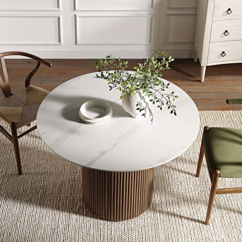 Maru Ceramic Top Silver Oak Pedestal Round Dining Table | daals