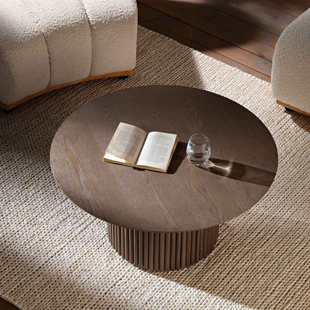 Maru Round Oak Pedestal Coffee Table, Silver Oak | daals