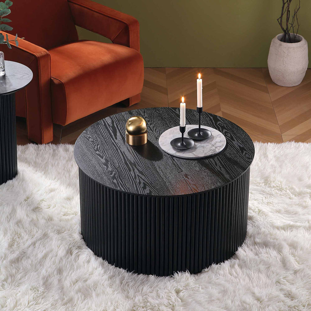 Maru Oak Round Coffee Table with Storage, Black | daals