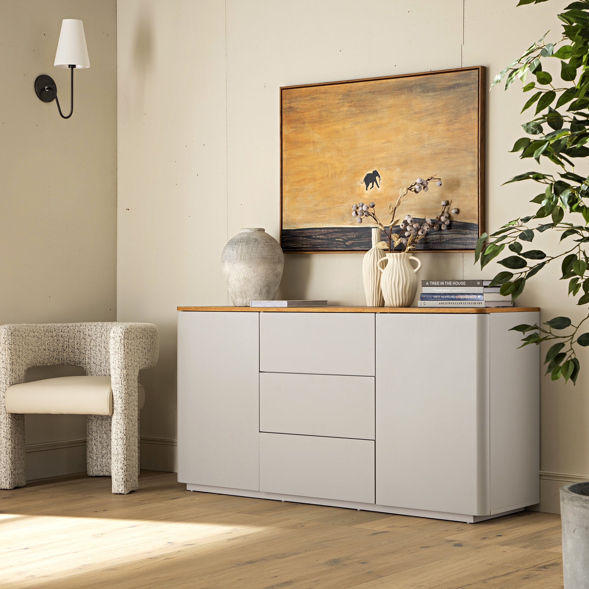 Agnes Curved Edge 2 Door 3 Drawer Wide Sideboard, Dove Grey with Oak T ...