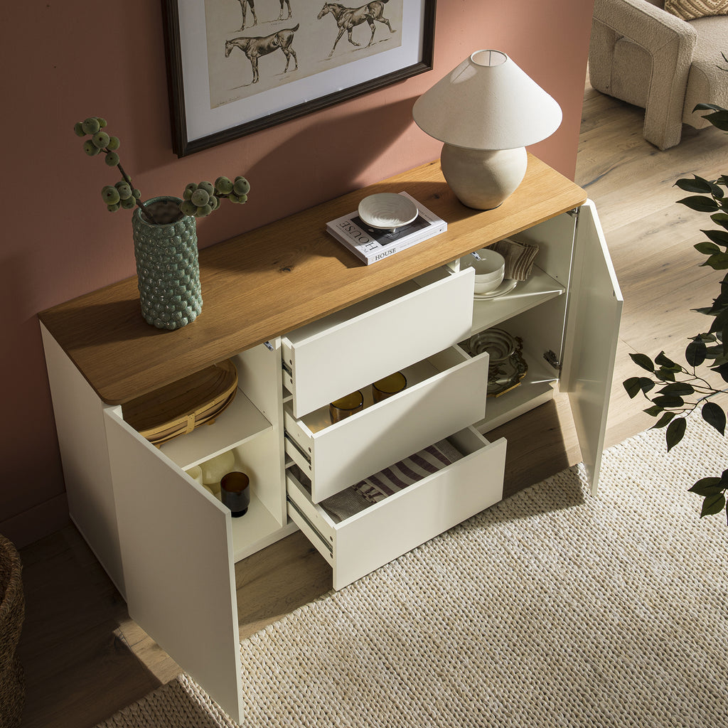 Agnes Curved Edge 2 Door 3 Drawer Wide Sideboard, Off White with Oak T | daals