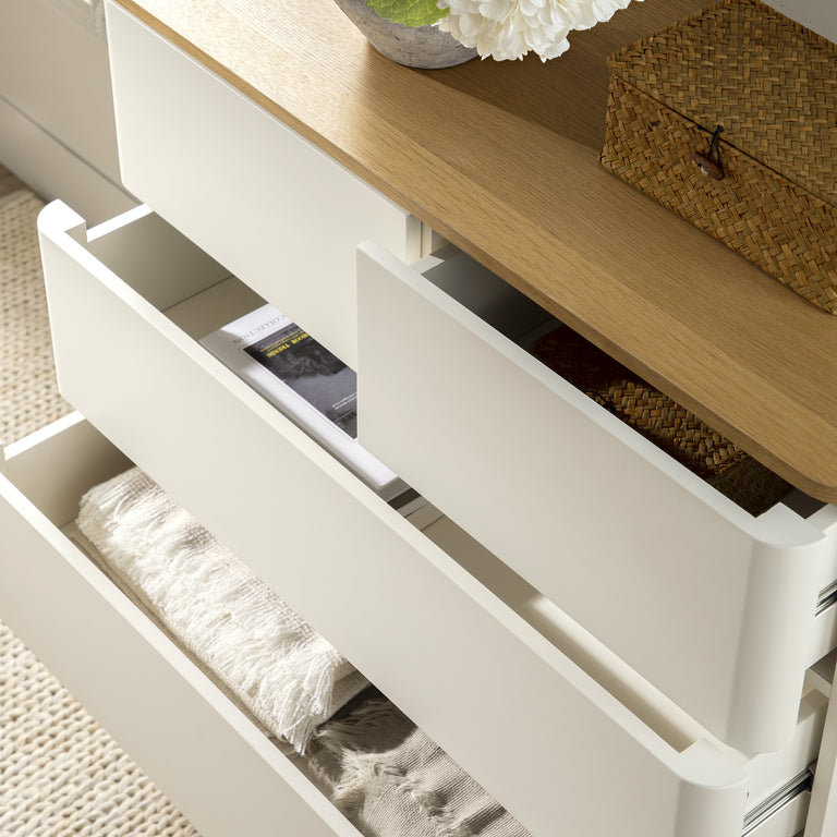 Agnes Curved Edge 2 over 3 Chest of Drawers, Off White with Oak Top | daals