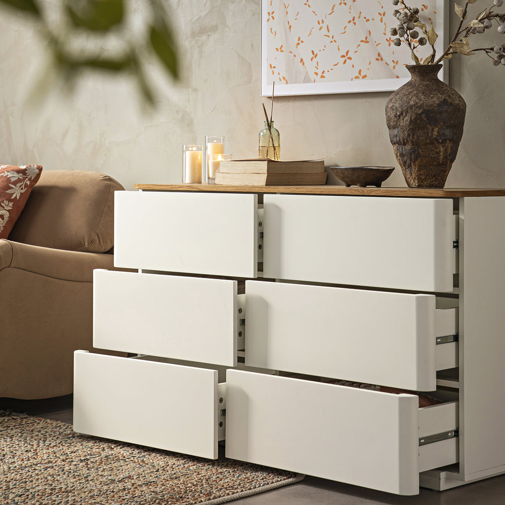 Agnes Curved Edge Chest of 6 Drawers, Off White with Oak Top | daals
