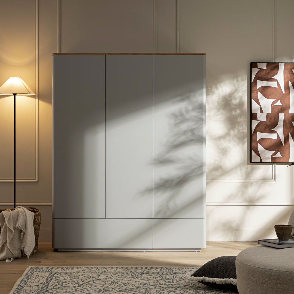 Agnes Curved Edge Triple Wardrobe, Dove Grey with Oak Top | daals
