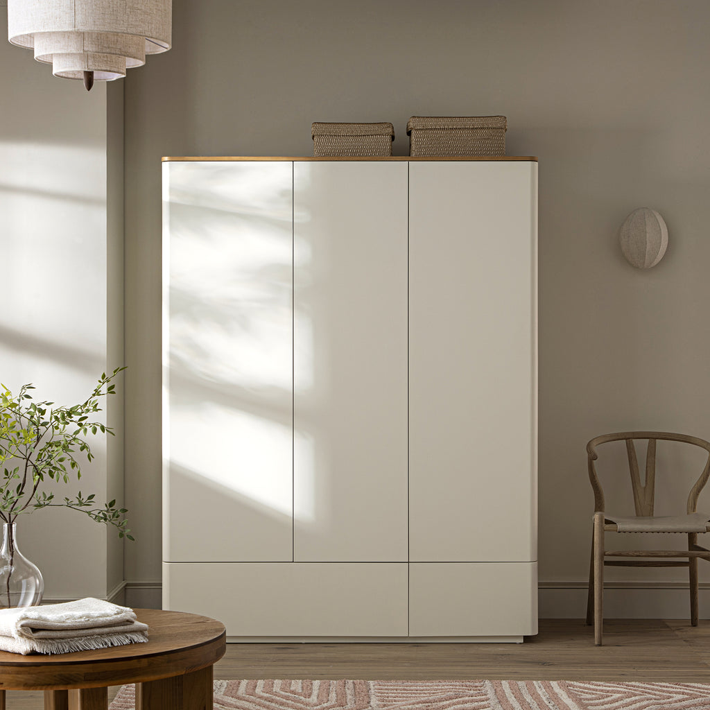 Agnes Curved Edge Triple Wardrobe, Off White with Oak Top | daals
