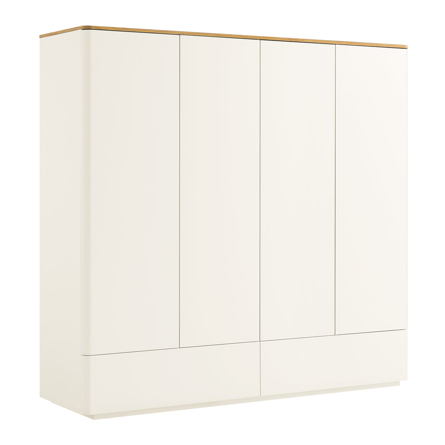 Agnes Curved Edge 4-Door Wardrobe, Off White with Oak Top | daals