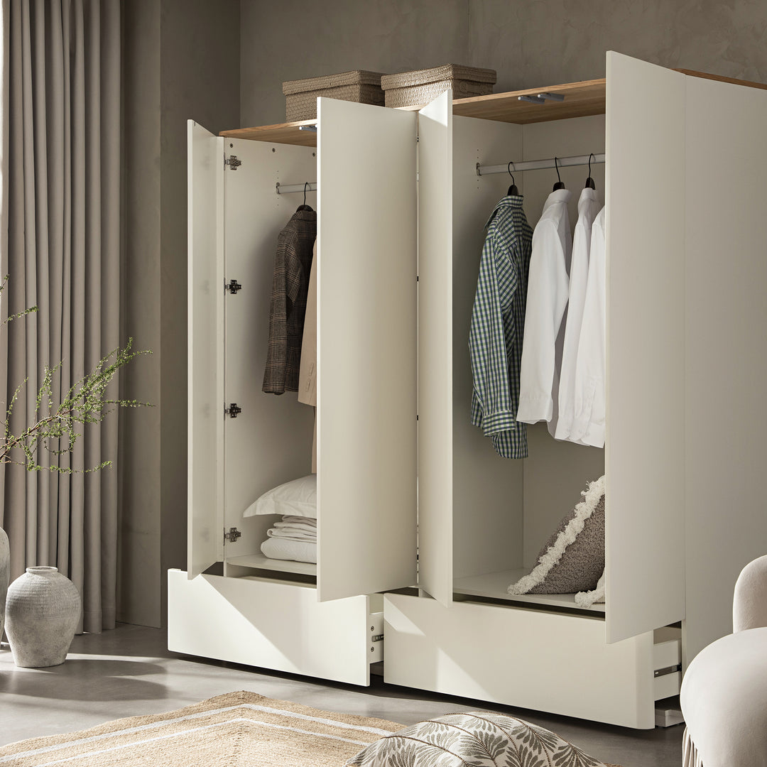 Agnes Curved Edge 4-Door Wardrobe, Off White with Oak Top | daals