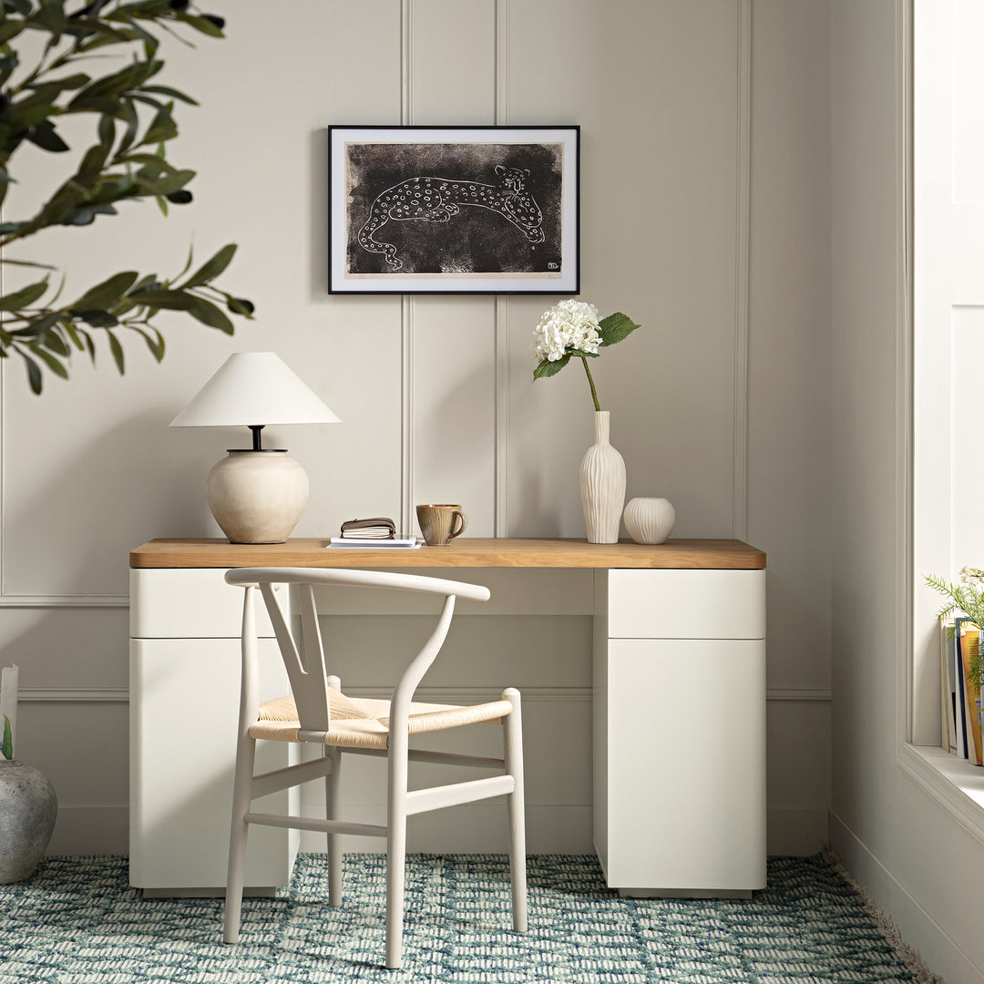 Agnes Curved Edge Desk with Storage, Off White with Oak Top | daals