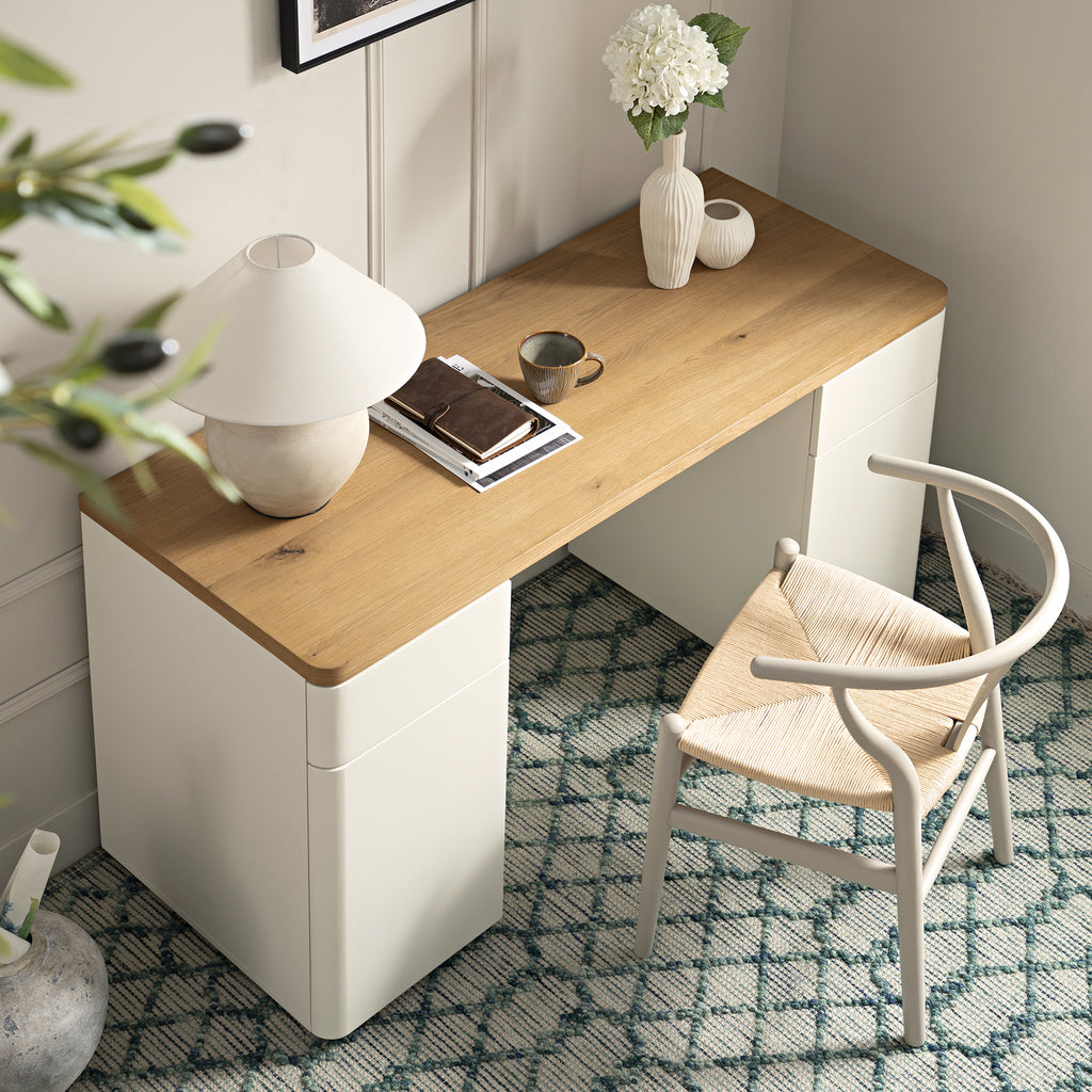 Agnes Curved Edge Desk with Storage, Off White with Oak Top | daals