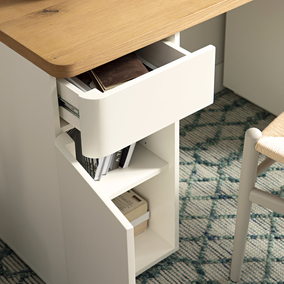 Agnes Curved Edge Desk with Storage, Off White with Oak Top | daals