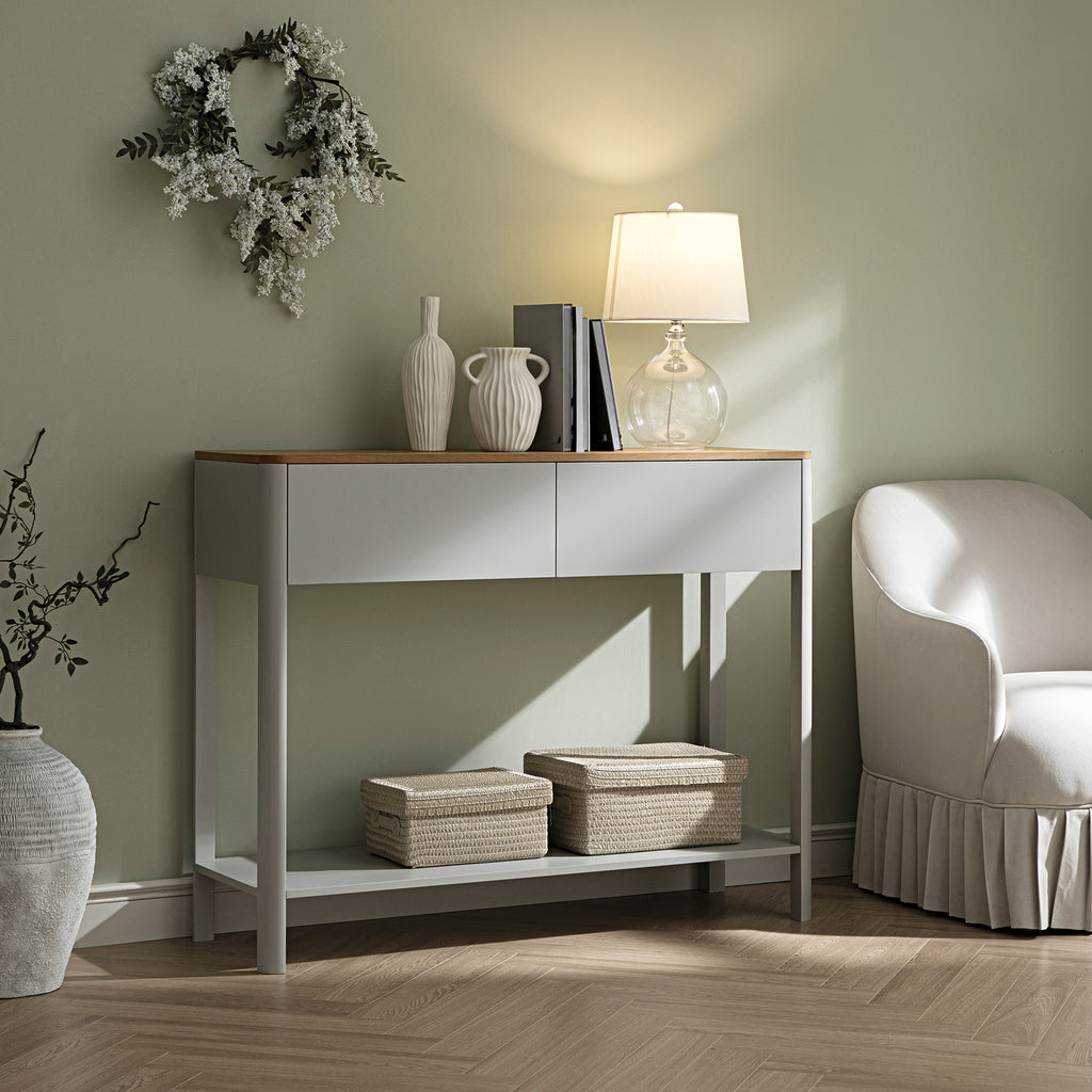 Agnes Curved Edge 2 Drawer Console Table, Dove Grey with Oak Top | daals