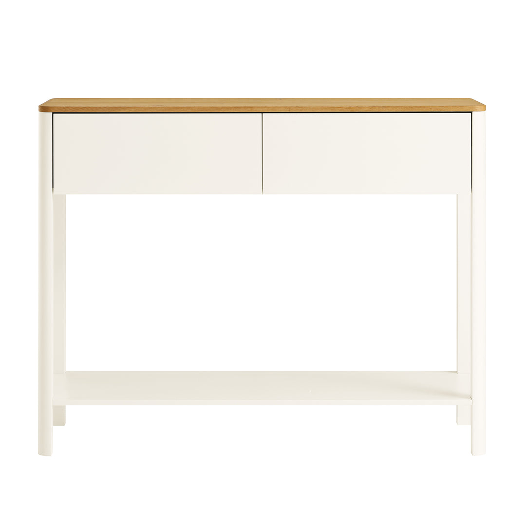 Agnes Curved Edge 2 Drawer Console Table, Off White with Oak Top | daals