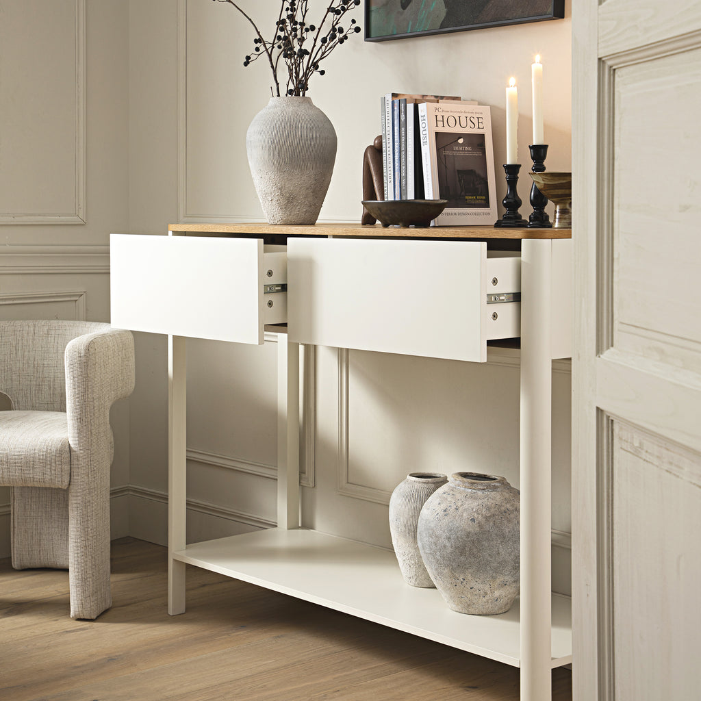Agnes Curved Edge 2 Drawer Console Table, Off White with Oak Top | daals
