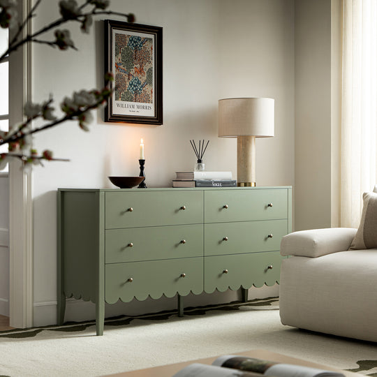 Henley Scalloped Edge 6 Drawer 140cm Wide Chest, Sage Green | daals